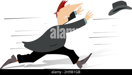 Windy day and man loses his hat illustration. Man tries to catch a hat ...