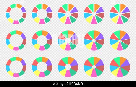 Donut charts set. Colorful circle diagrams divided in sections form 3 to 12. Infographic wheels ...