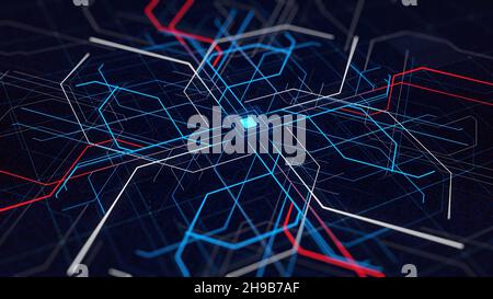 Computer diagram of moving networks of Internet. Animation. Centralized diagram with moving neon ...