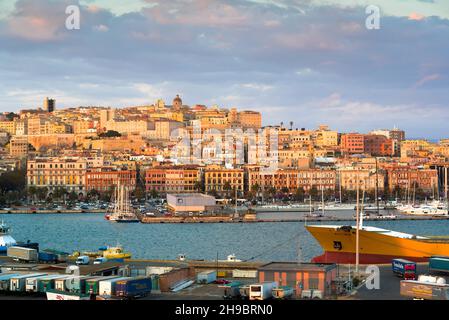 panoramic view of the port of cagliari with cargo and tower crane ...
