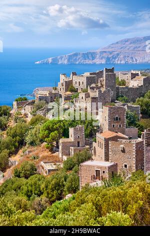 Greece Peloponnese. Vathia village. Old abandoned tower houses in ...