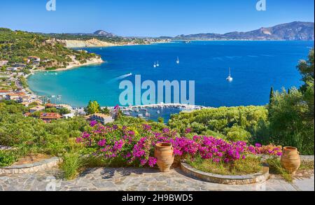Flowers in the garden, Keri Bay, Zakynthos Island, Greece Stock Photo ...