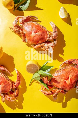 crabs and seafood. Crab boiled and lemons in ice on a yellow background ...