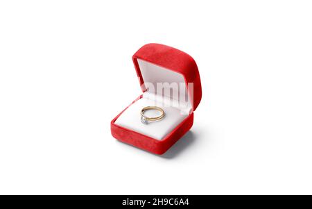 Red - golden opened jewellery present box with diamond wedding ring on ...