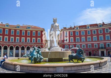 Nice, France. 2019. Apollo statue and fountain at Place Massena. Credit ...