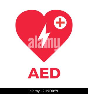 Vector of a red AED Sticker with heart shape and lightning Automated ...
