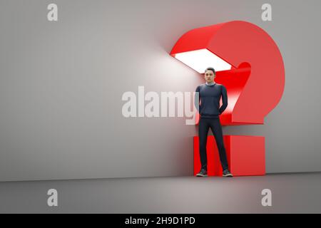 Man with huge red question mark light background. 3D illustration Stock ...