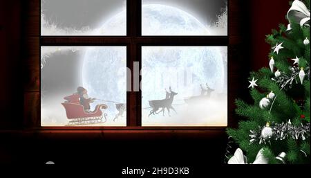 Vector image of santa sleigh seen through window during christmas night ...
