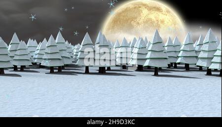 Vector image of snow covered pine trees and decorated christmas tree at ...