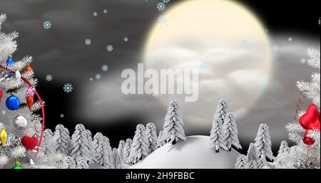 Vector image of snow covered pine trees and decorated christmas tree at ...