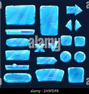 Blue ice buttons, sliders and arrow keys game asset. Vector crystal user panel interface. Game ...