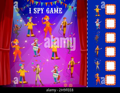 Kids I spy game with shapito circus clowns and performers, vector ...