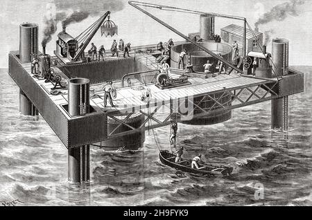 Construction of the Tay Rail Bridge spanning the Firth of Tay, Scotland ...