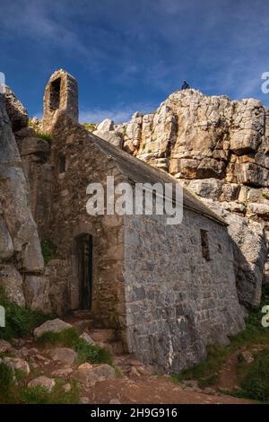 The ancient chapel of St Govan, a hermit cell built in to limestone ...