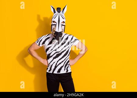 Photo of weird incognito anthropomorphic zebra guy show muscular body ...