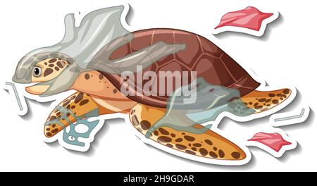 Turtle stuck with plastic trash cartoon sticker illustration Stock ...