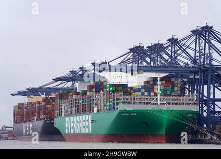 Evergreen - the biggest container ship of the world in the harbor of ...