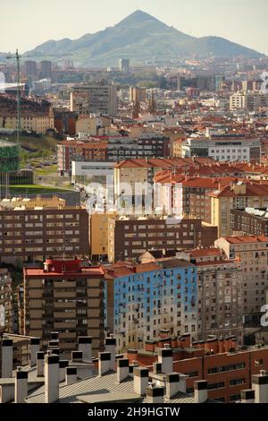 Beautiful view of the city Bilbao with many colorful buildings with ...