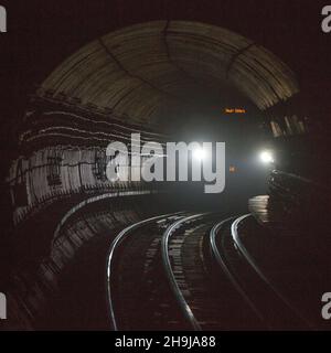 Underground train at the Pimlico station on the Victoria line, London ...