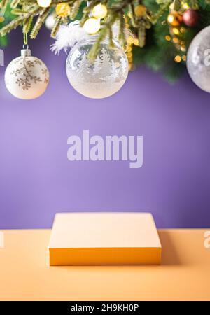 Decorative Christmas tree with podiums and balls on white background ...