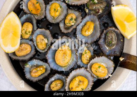 tasty seafood - grilled limpets served with lemon. Lapas grelhadas ...