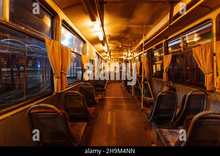 inside old empty tram at night Stock Photo - Alamy