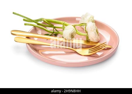 Simple table setting and ranunculus flowers on color background Stock ...