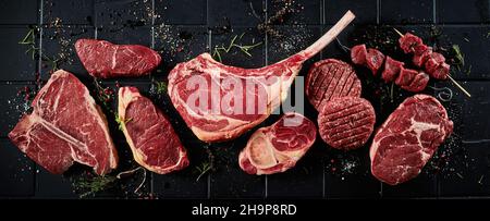 Set of various uncooked beef stakes isolated on white background. Raw ...