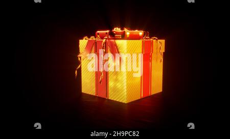 glowing decorated golden and red giftbox on black, isolated - object 3D ...