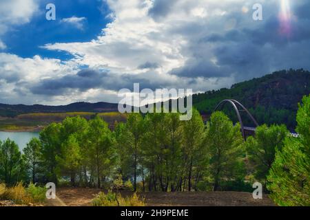 Beautiful autumn view with the Vicaria bridge in Yeste, Spain Stock ...