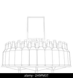 The outline of a circular counter with many bottles. Bottled drinks ...