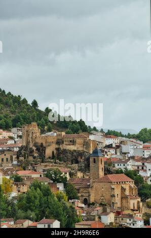 The view of the Yeste city of Albacete with medieval buildings in Spain ...