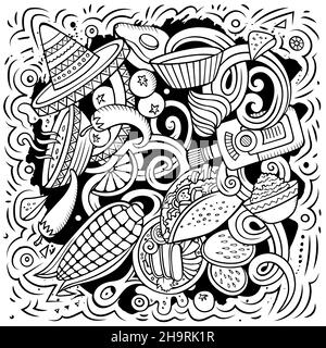 Mexican food line art composition with corn, hot pepper, taco and spicy ...