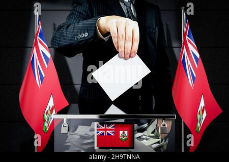 Bermuda flag, hand dropping ballot card into a box - voting, election ...
