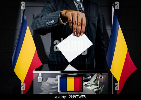 Chad flag, hand dropping ballot card into a box - voting, election ...