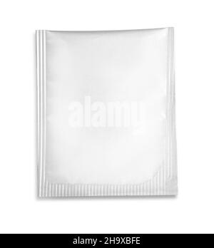 blank white sachet packets and with a blank box isolated on neutral ...