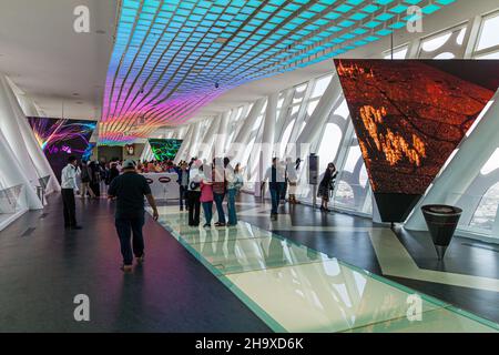 Dubai Frame interior view with transparent pavement. The Dubai Frame is ...