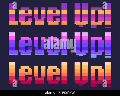 8bit game level up pixel screen. Retro arcade user interface mosaic ...