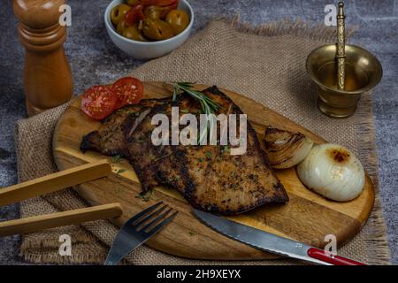 iberian pork secret with vegetables and rosemary garnish Stock Photo ...