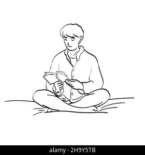 line art man reading book with bulb illustration vector hand drawn ...