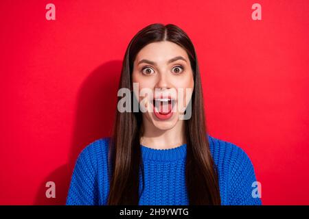 Photo of cute impressed brunette hair lady drive wear red top isolated ...