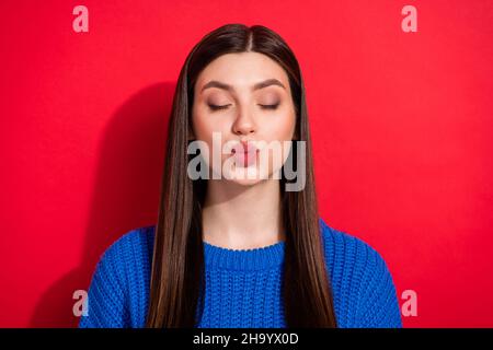 Photo of young pretty woman pouted lips unexpected face reaction fake ...