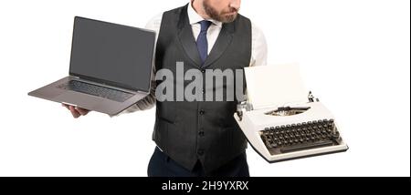 cropped businessman hold vintage typewriter. manager with computer ...