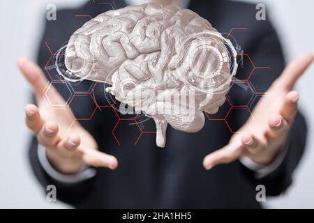 3D rendered brain hovering over the person's hand Stock Photo - Alamy