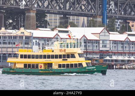 The First Fleet-class ferry Friendship arriving to Barangaroo Wharf 2 in Sydney, Australia Stock ...