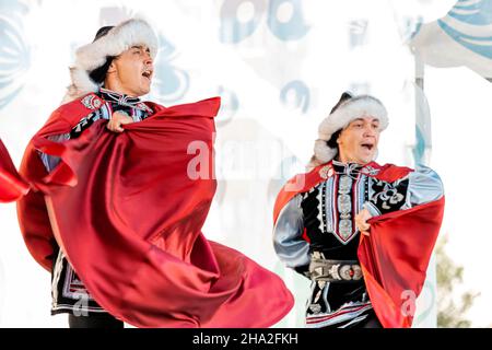 06 July 2021, Ufa, Bashkortostan, Russia: Men in national Bashkir ...