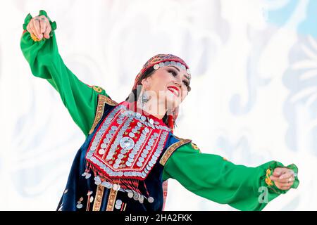 06 July 2021, Ufa, Russia: Bashkir honey for sale with price tags at ...