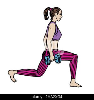 Girl dumbbell squat, side view isolated, hand drawn doodle, drawing in ...