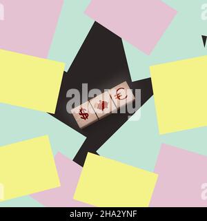 Wooden cube of US dollar, piggy bank and Euro sign. International trade ...