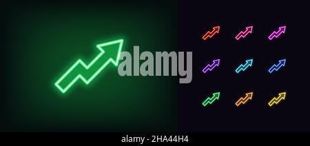 Neon upward graph icon. Glowing neon growth diagram sign, up bar chart ...